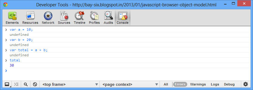 Developer Tools Console of Web Browser